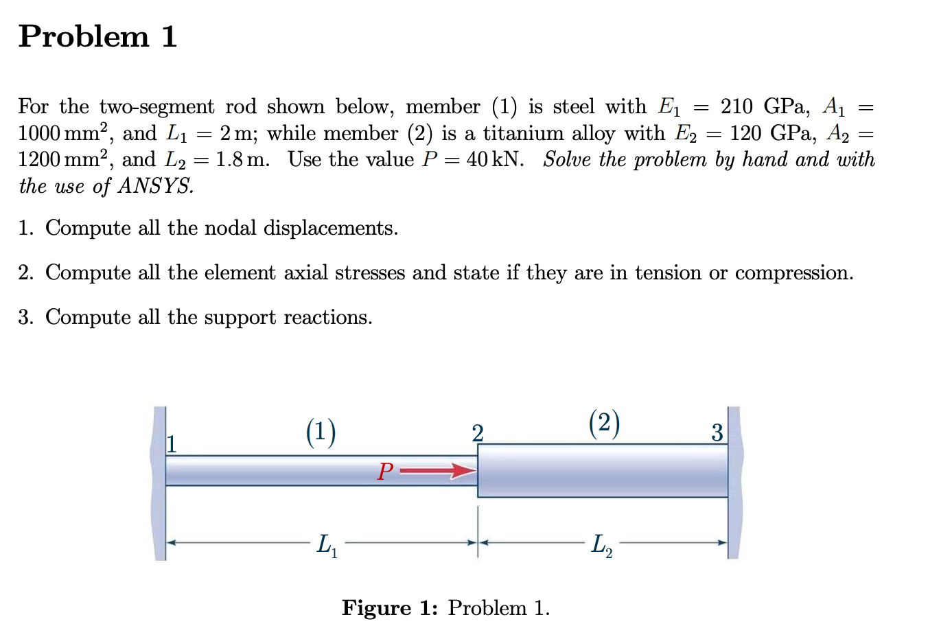 Solved Problem 1 For the two-segment rod shown below, member | Chegg.com