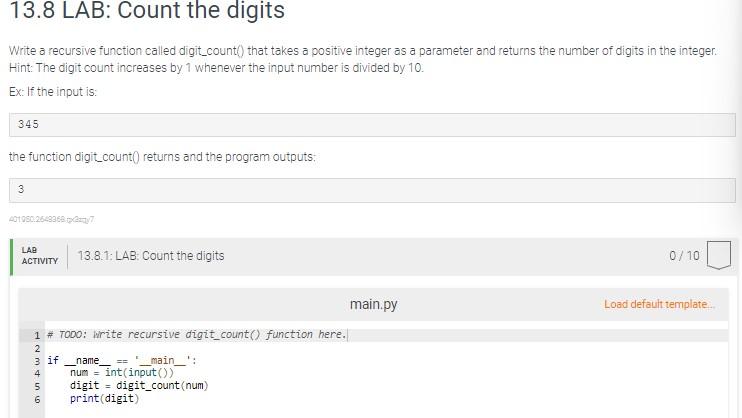 Solved the function digit_count() returns and the program | Chegg.com