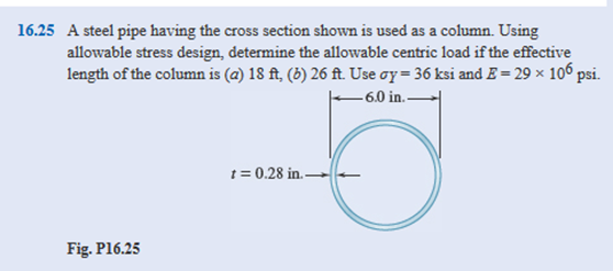Solved 16.25 A steel pipe having the cross section shown is | Chegg.com