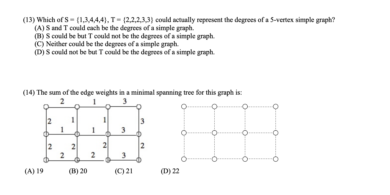 Solved (13) Which of S={1,3,4,4,4},T={2,2,2,3,3} could | Chegg.com