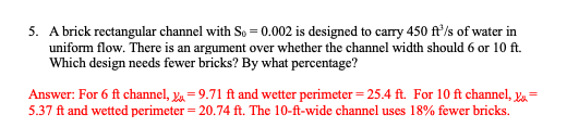 Solved 5. A brick rectangular channel with So = 0.002 is | Chegg.com