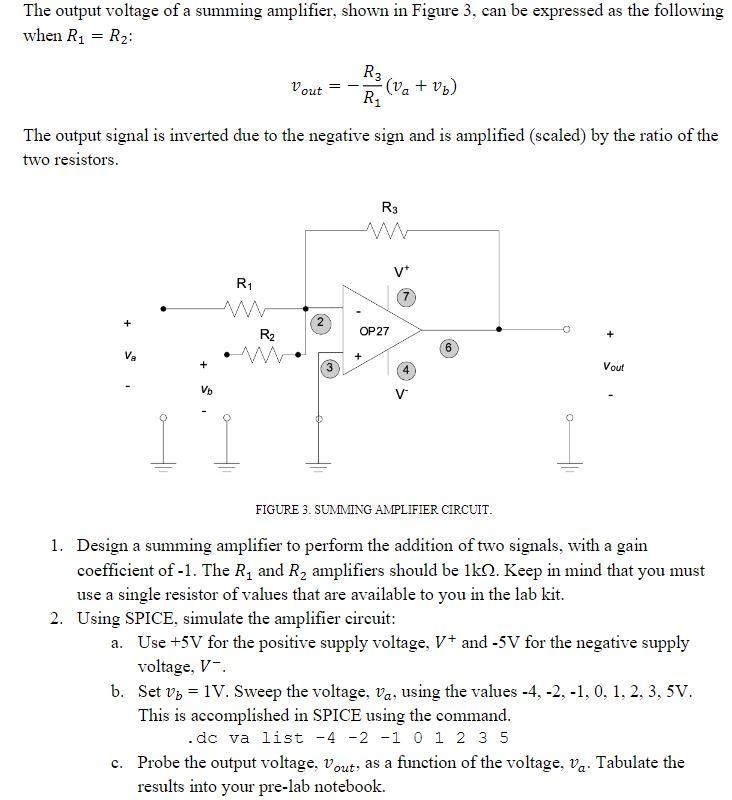 Solved The output voltage of a summing amplifier, shown in | Chegg.com
