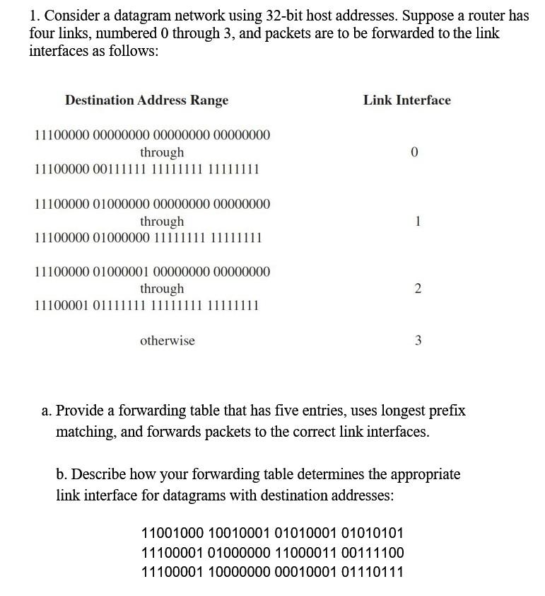 Solved 1. Consider a datagram network using 32-bit host | Chegg.com
