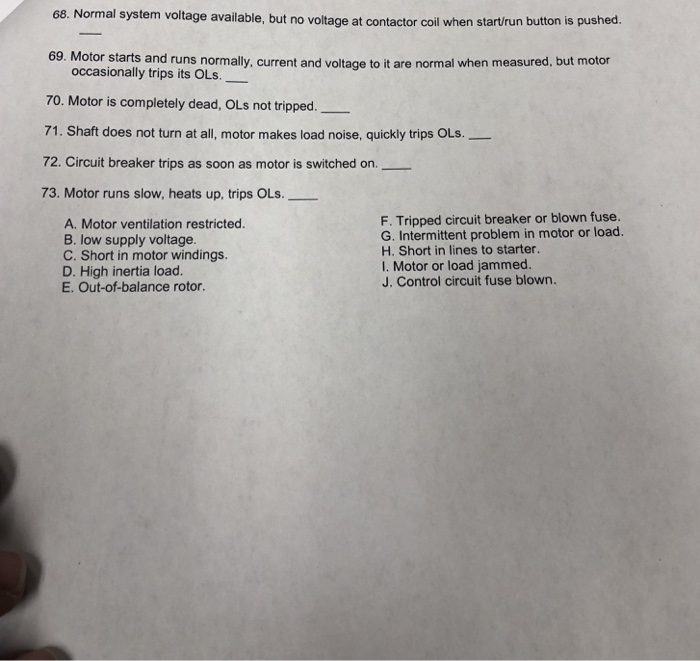 Solved 68. Normal system voltage available, but no voltage | Chegg.com