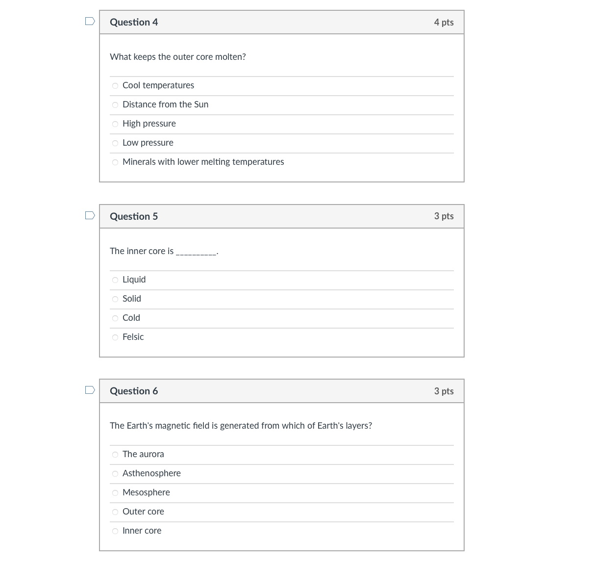 Solved Question 4 4 pts What keeps the outer core molten? | Chegg.com