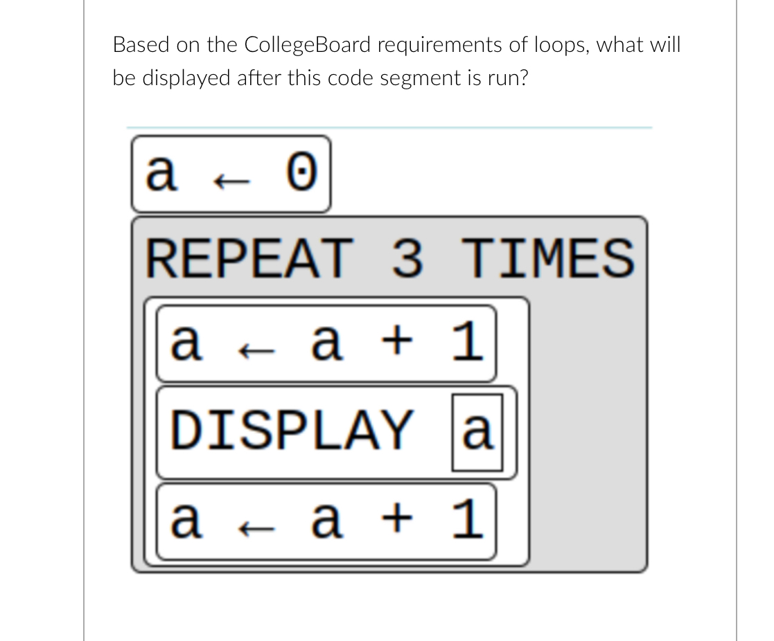 Solved Based on the CollegeBoard requirements of loops, what | Chegg.com