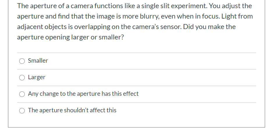 Solved The aperture of a camera functions like a single slit | Chegg.com