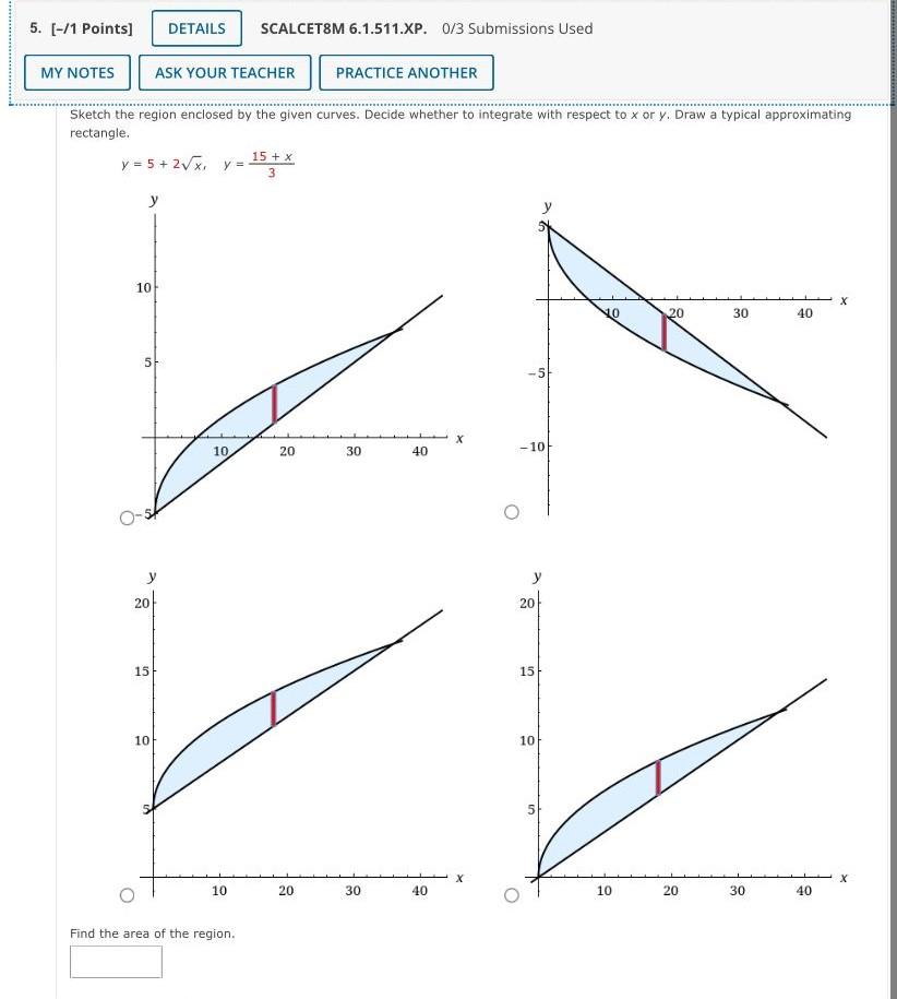 Solved 5. (-/1 Points) DETAILS SCALCET8M 6.1.511.XP. 0/3 | Chegg.com