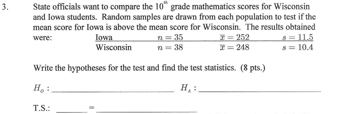Solved th 3. State officials want to compare the 10th grade | Chegg.com