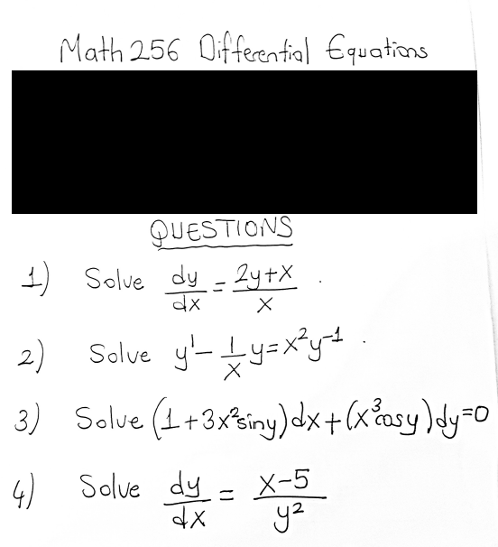 Solved Math 256 Differential Equations QUESTIONS 1) Solue dy | Chegg.com