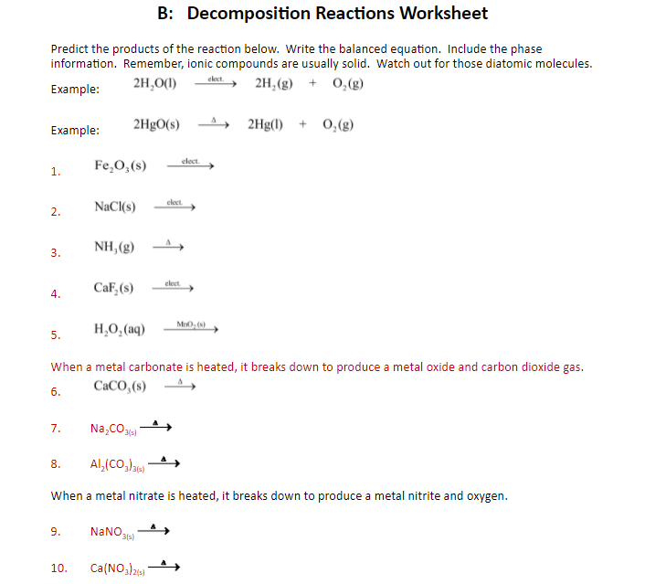 Solved B: Decomposition Reactions Worksheet Predict the | Chegg.com