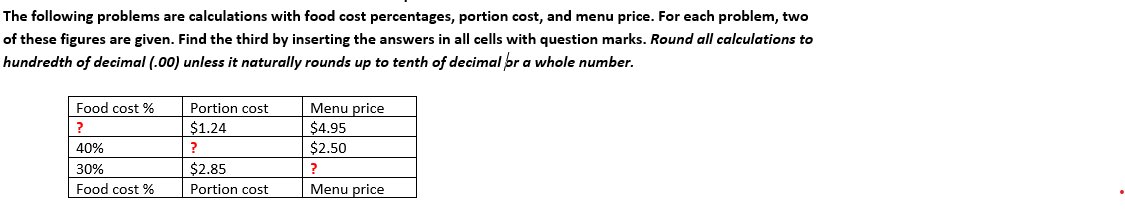 Solved The following problems are calculations with food | Chegg.com