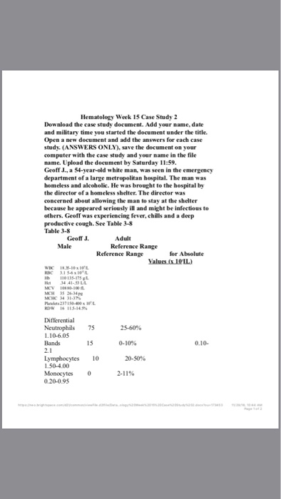 Solved Hematology Week 15 Case Study 2 Dow nload the case | Chegg.com