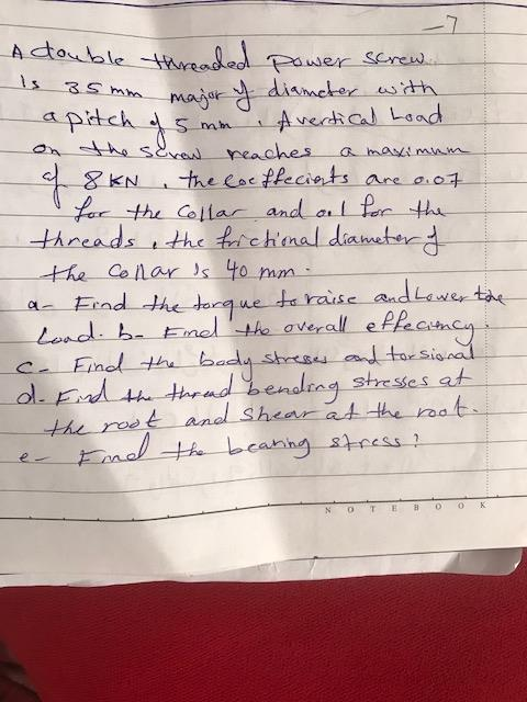 Solved 35mm mayamam A double threaded power screw. major y | Chegg.com