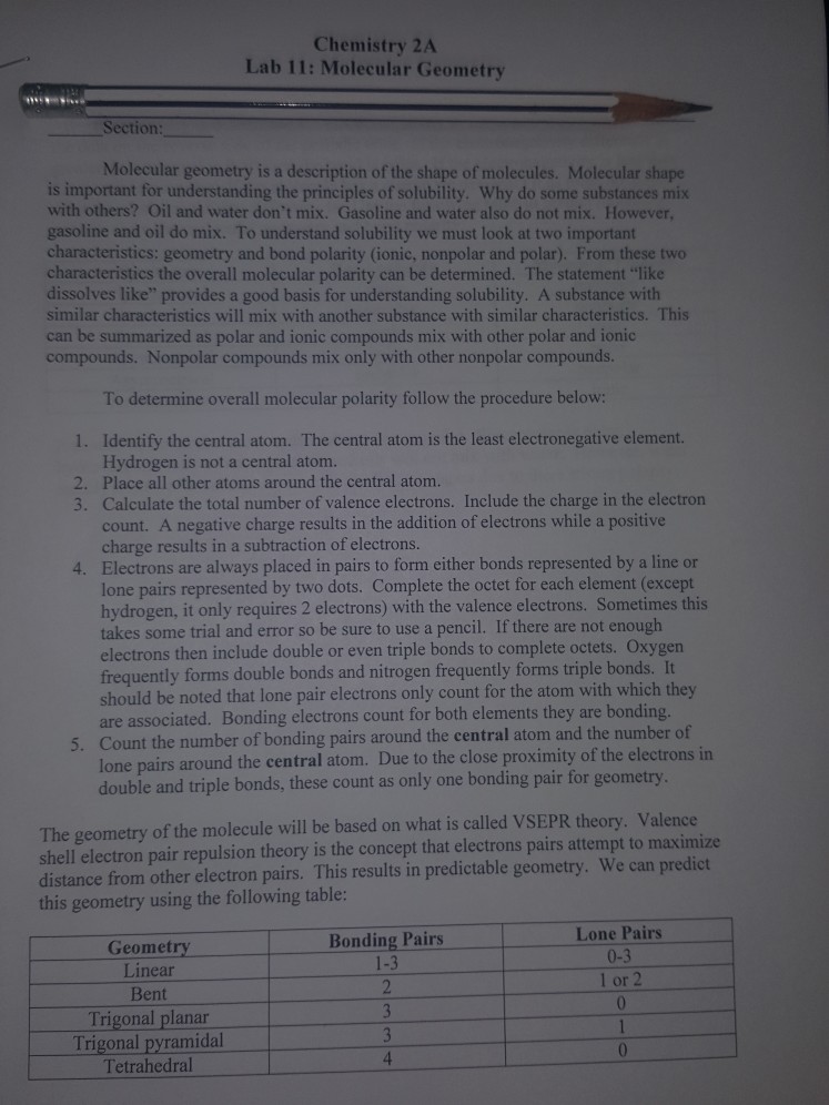 Solved Chemistry 2A Lab 11: Molecular Geometry Section | Chegg.com