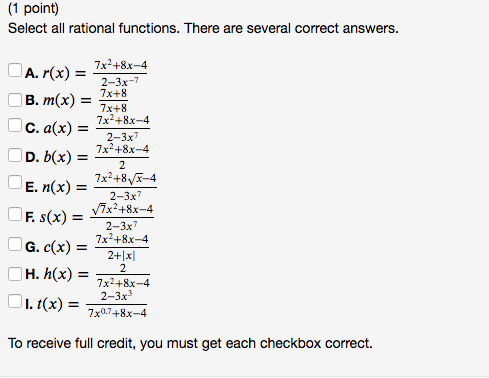 Solved (1 point) Select all rational functions. There are | Chegg.com