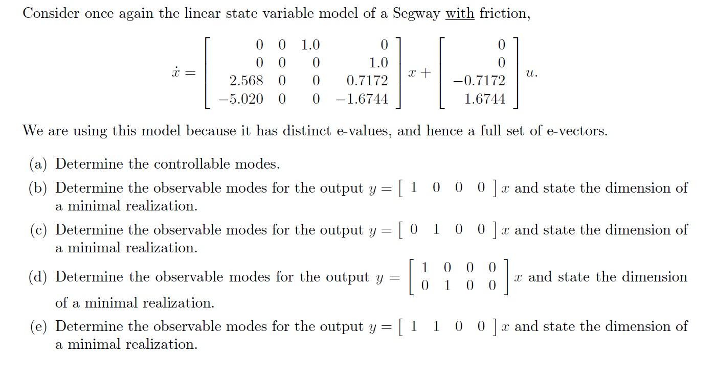 Consider once again the linear state variable model | Chegg.com