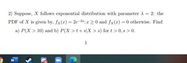 Solved 2) Suppose, X follows exponential distribution with | Chegg.com
