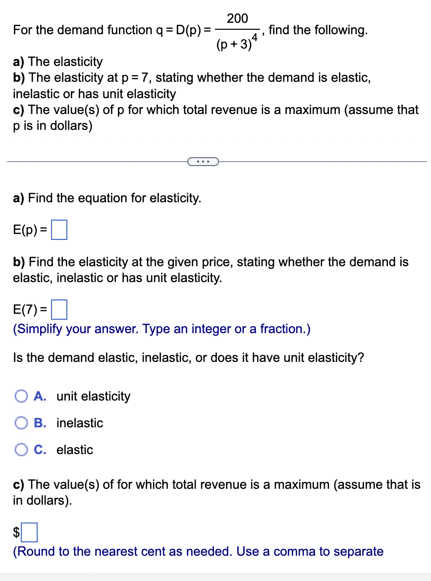 Solved For the demand function q=D(p)=(p+3)4200, find the | Chegg.com