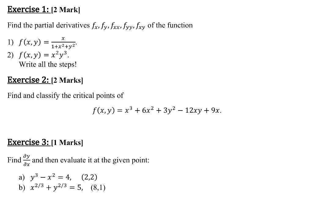 Solved Exercise 1 [2 Mark] Find The Partial Derivatives Fx