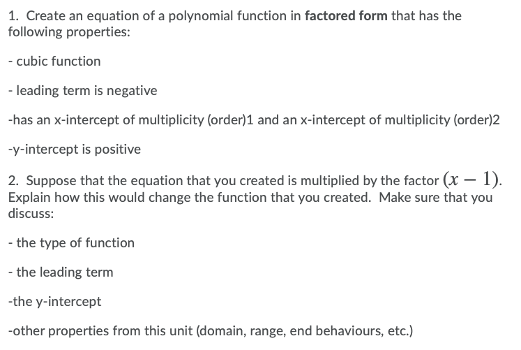 Solved 1. Create an equation of a polynomial function in | Chegg.com