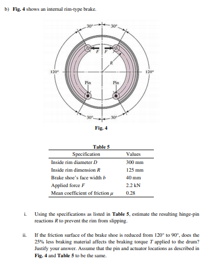 Solved b) Fig. 4 shows an internal rim-type brake. 120- 120 | Chegg.com