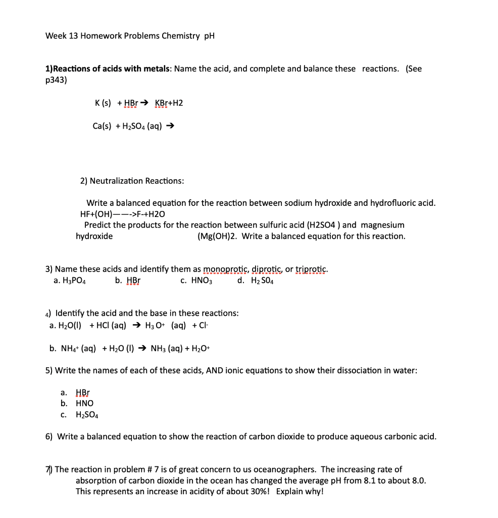 Solved Week 13 Homework Problems Chemistry pH 1) Reactions | Chegg.com