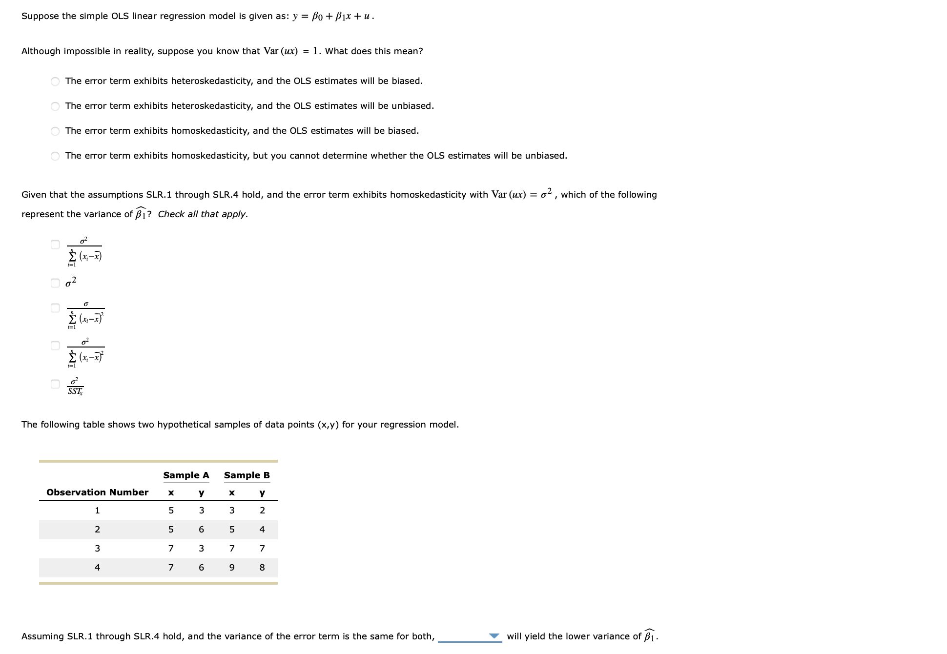 Solved Suppose the simple OLS linear regression model is | Chegg.com