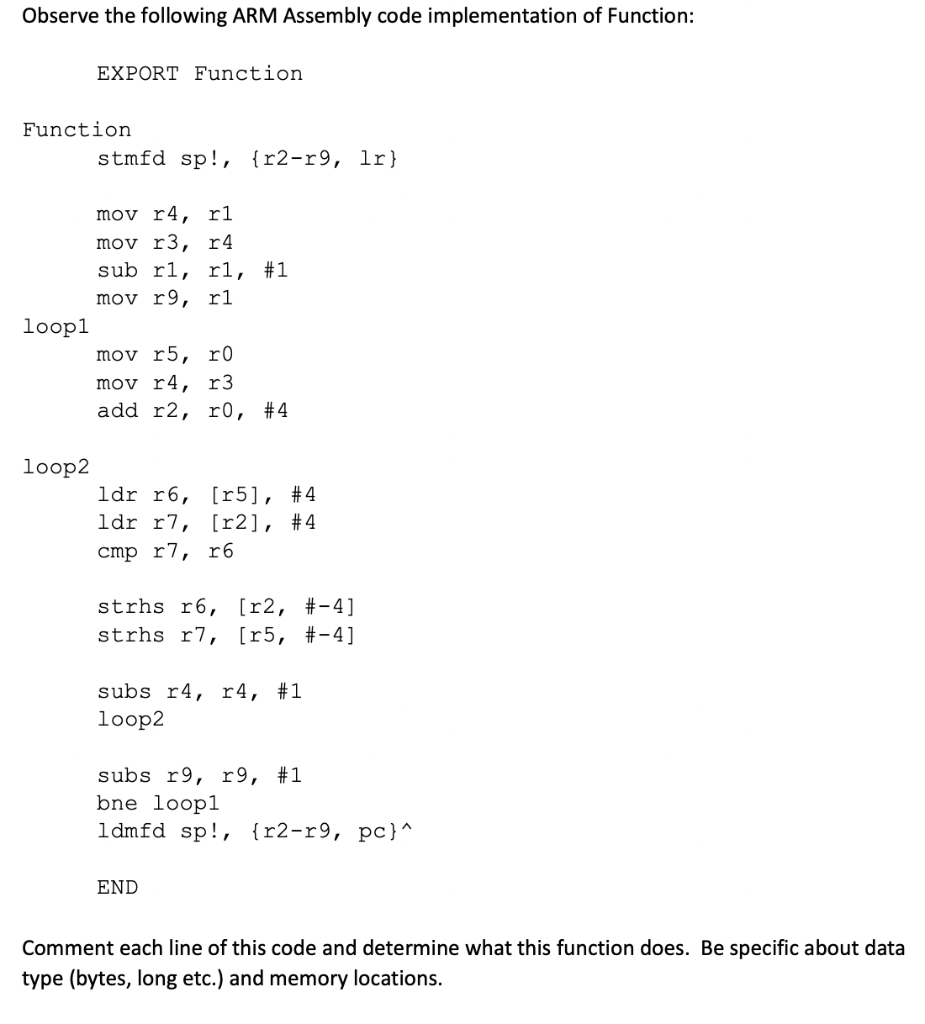 Observe the following ARM Assembly code | Chegg.com