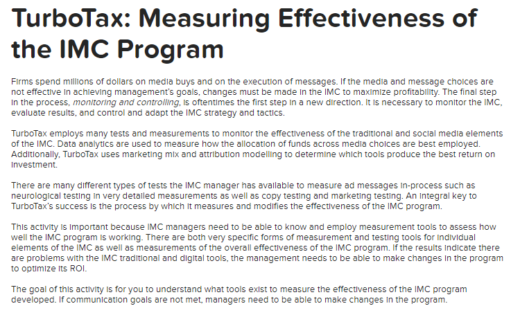Solved TurboTax: Measuring Effectiveness of the IMC Program | Chegg.com