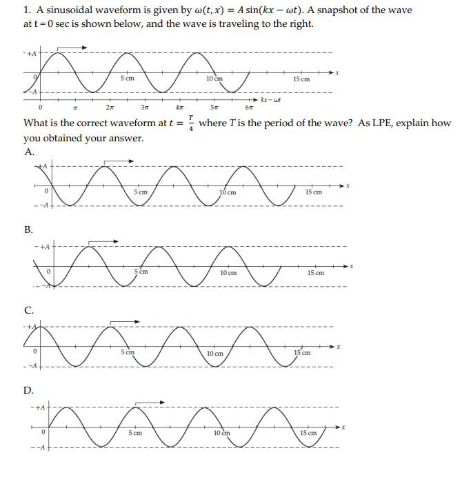 Solved 1. A sinusoidal waveform is given by w(t, x) = A | Chegg.com