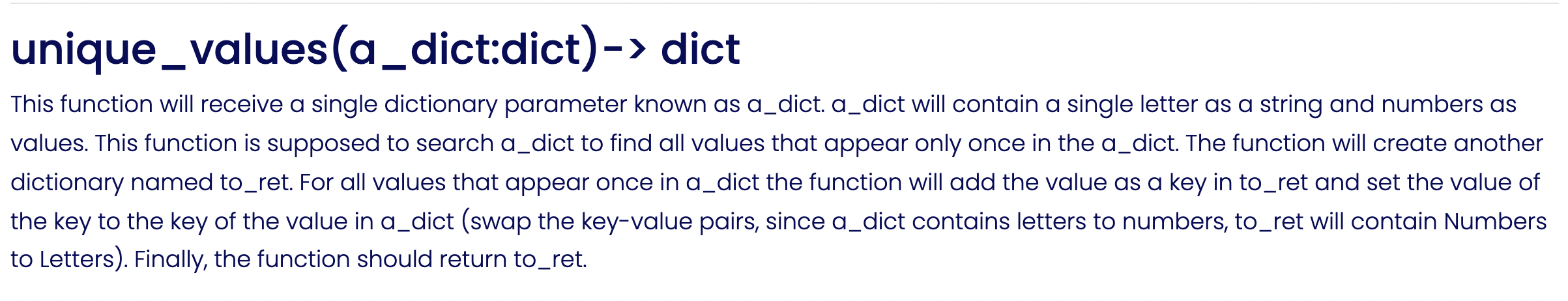 Solved unique_values(a_dict:dict) -> dict This function will | Chegg.com