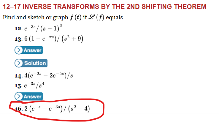 Solved 12-17 ﻿INVERSE TRANSFORMS BY THE 2ND SHIFTING | Chegg.com