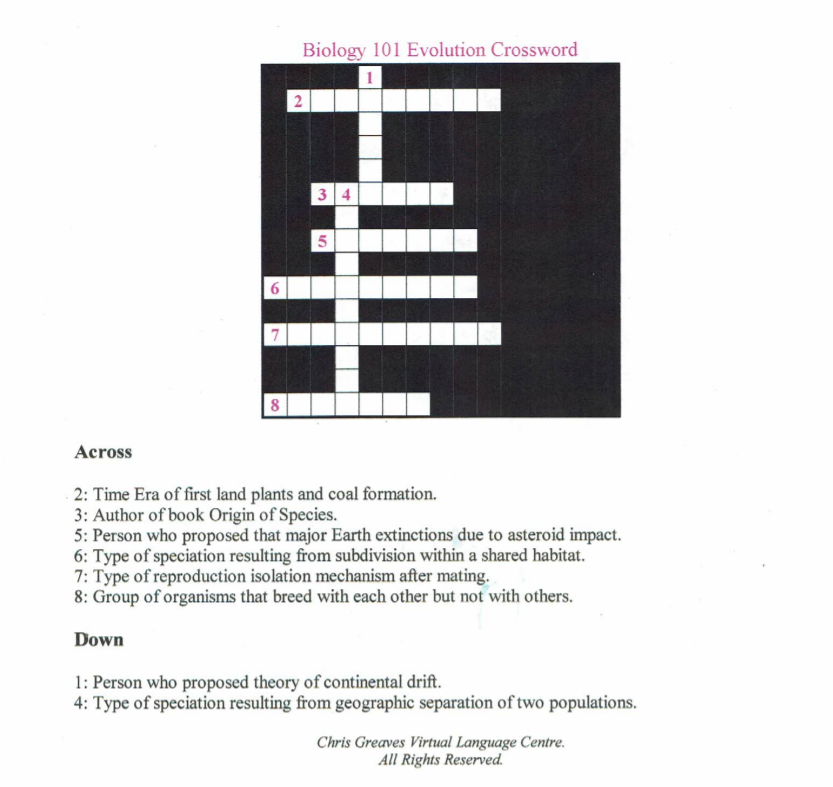 Solved Biology 101 Evolution Crossword 2 34 5 6 7 8 Across | Chegg.com