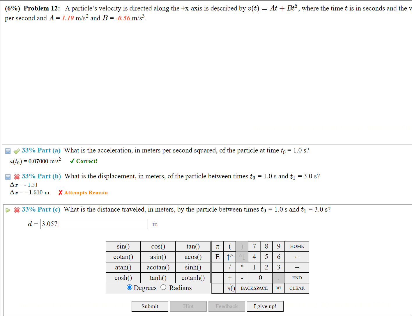 Solved (6\%) Problem 12: A particle's velocity is directed | Chegg.com