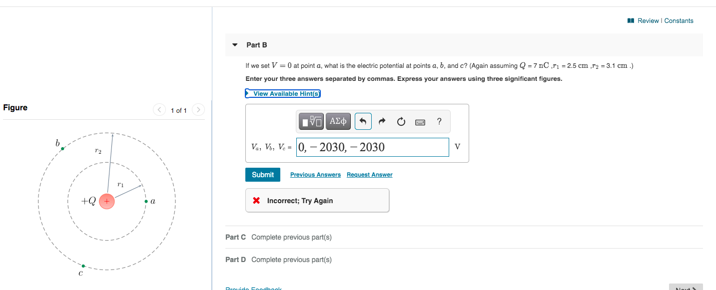Solved Review | Constants Part B If we set V = 0 at point a, | Chegg.com