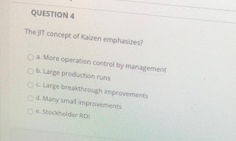 Solved QUESTION 4 The JIT concept of Kaizen emphasizes? a. | Chegg.com