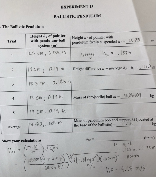 Solved EXPERIMENT 13 BALLISTIC PENDULUM . The Ballistic | Chegg.com