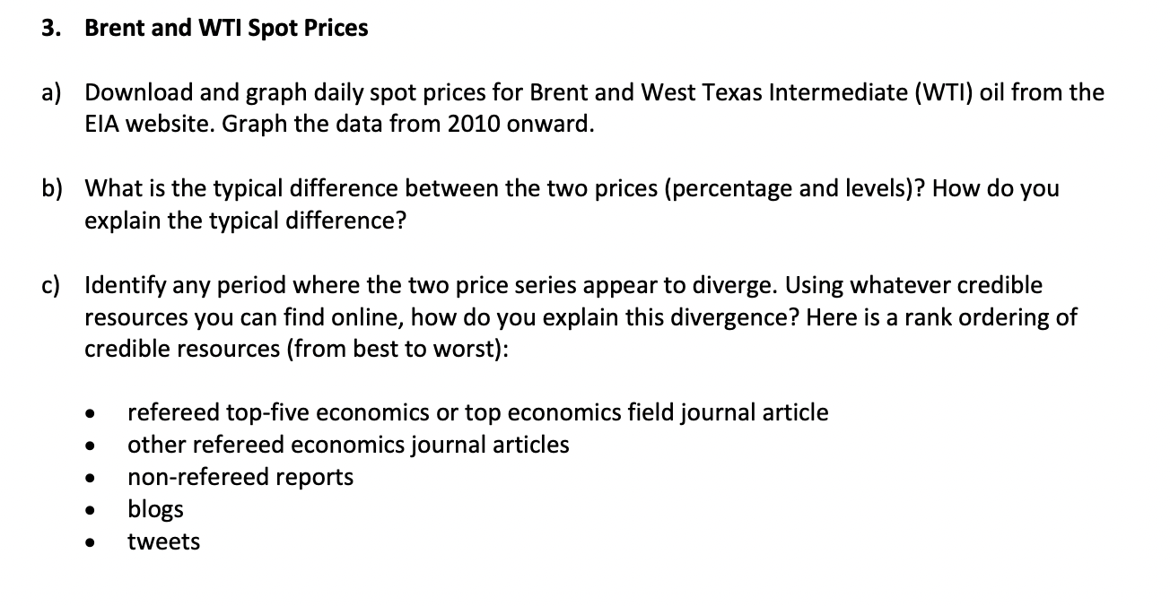 Solved 3. Brent and WTI Spot Prices a) Download and graph | Chegg.com