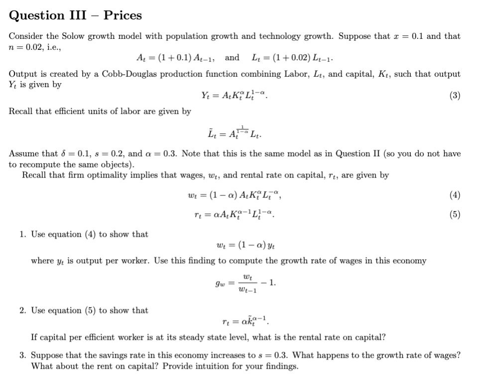Solved Question III - Prices Consider the Solow growth model | Chegg.com