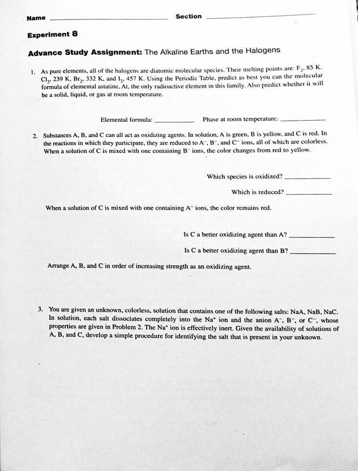 Solved Name Section Experiment 8 Advance Study Assignment: | Chegg.com