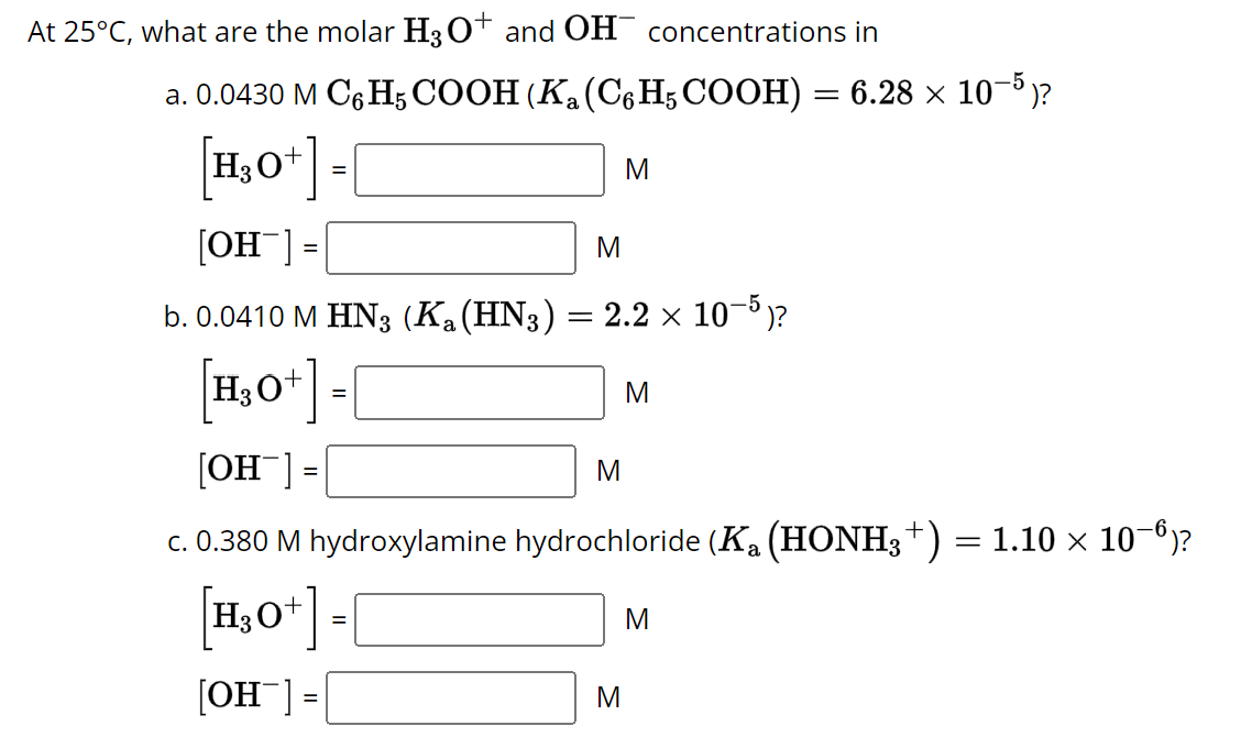 Solved what are the molar H3O+and OH−concentrations in a. | Chegg.com