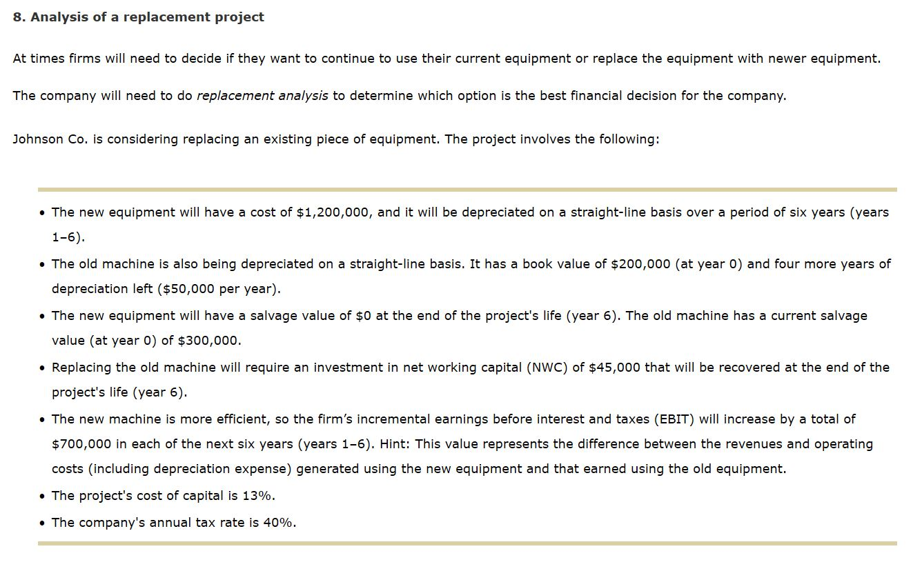 Solved 8. Analysis of a replacement project At times firms | Chegg.com