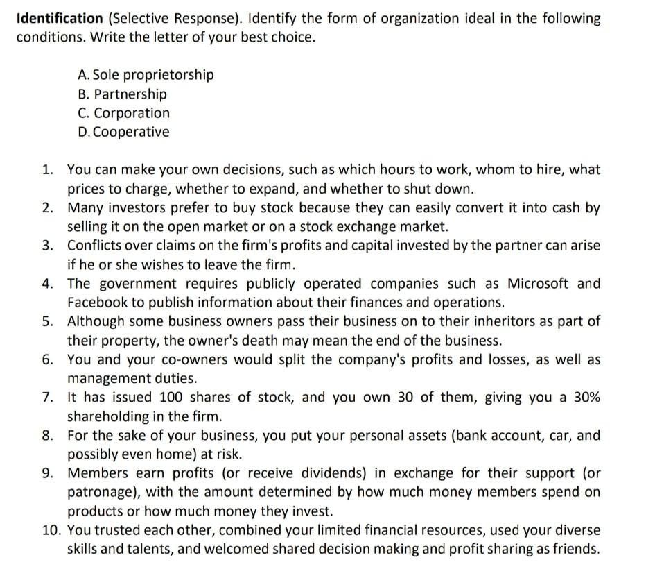 Solved Identification (Selective Response). Identify the | Chegg.com