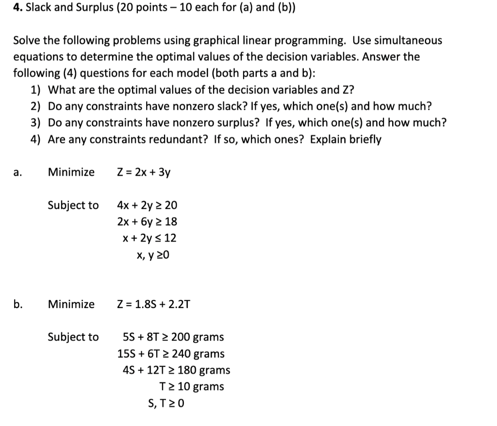 Solved 4. Slack and Surplus (20 points – 10 each for (a) and | Chegg.com