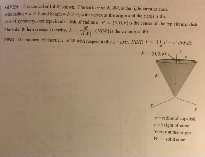 Solved GIVEN: The conical solid W shown. The surface of | Chegg.com