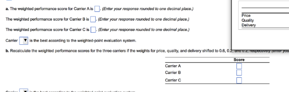 Solved a. The weighted performance score for Carrier A is | Chegg.com
