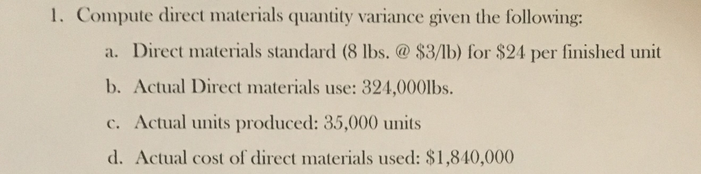 Solved 1. Compute direct materials quantity variance given | Chegg.com
