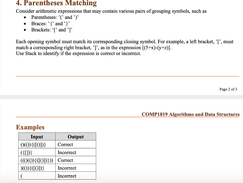 Solved 4. Parentheses Matching Consider arithmetic | Chegg.com