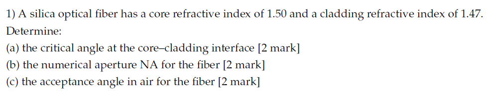 Solved 1) A silica optical fiber has a core refractive index | Chegg.com
